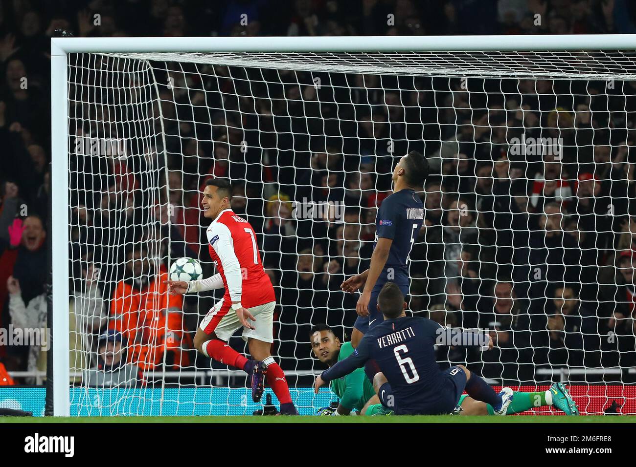 Marco Verratti of Paris Saint-Germain scores an own goal to put Arsenal ...