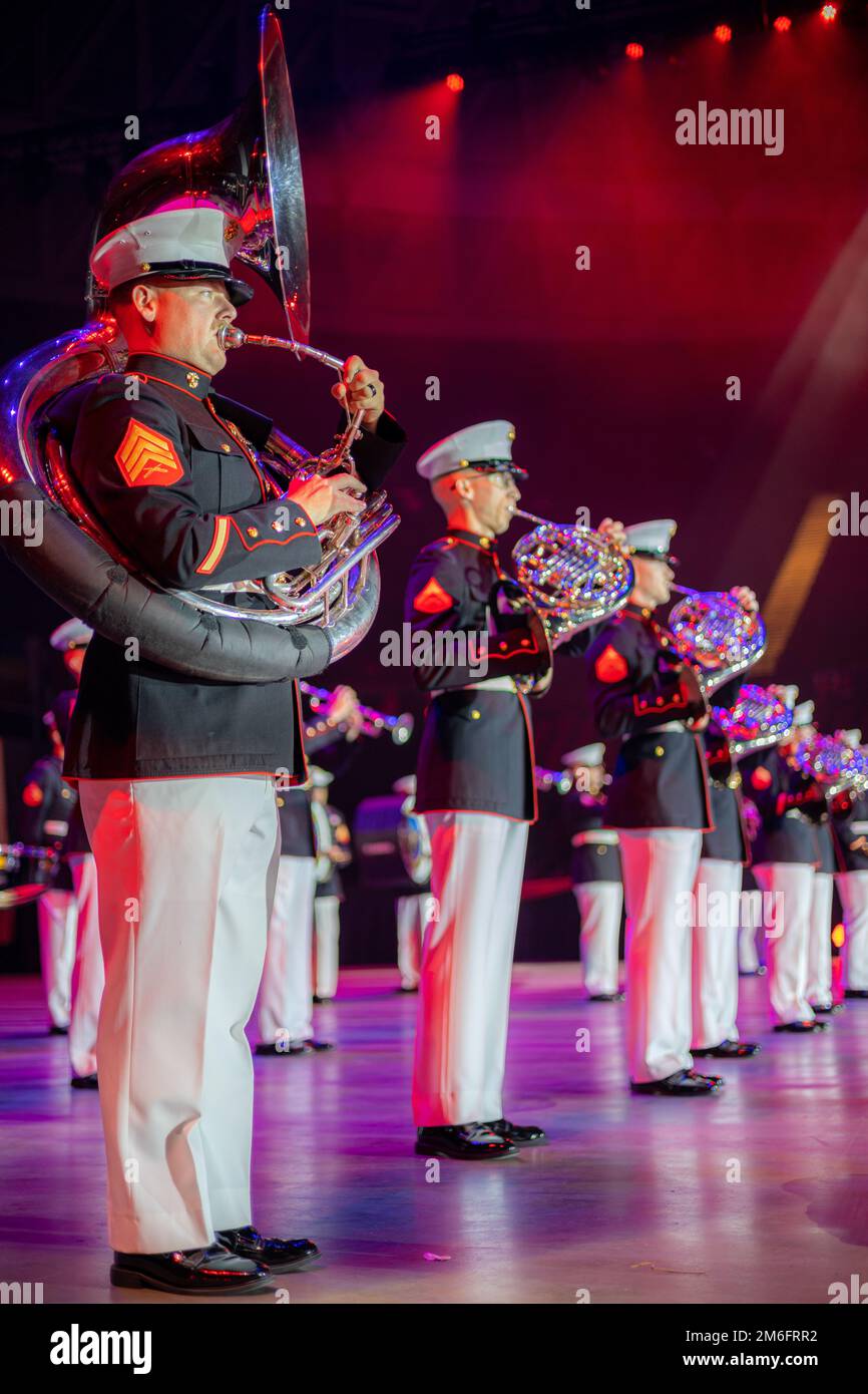 U.S. Marines with the Marine Forces Reserve (MFR) Band, perform at the ...