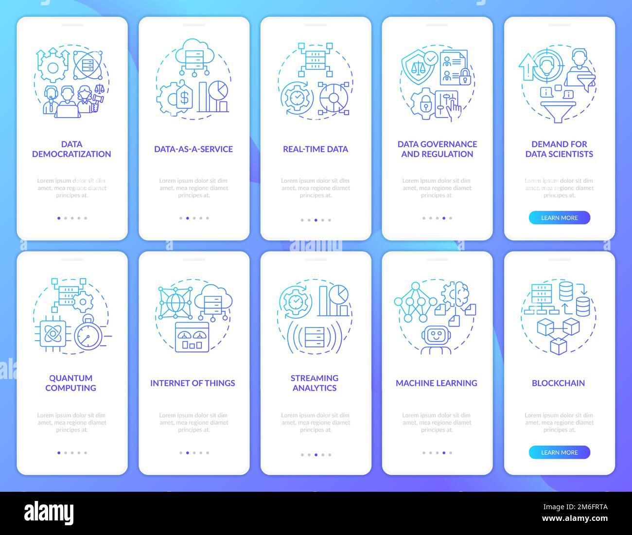 Data Science Technology Trends Blue Gradient Onboarding Mobile App Screens Set Stock Vector