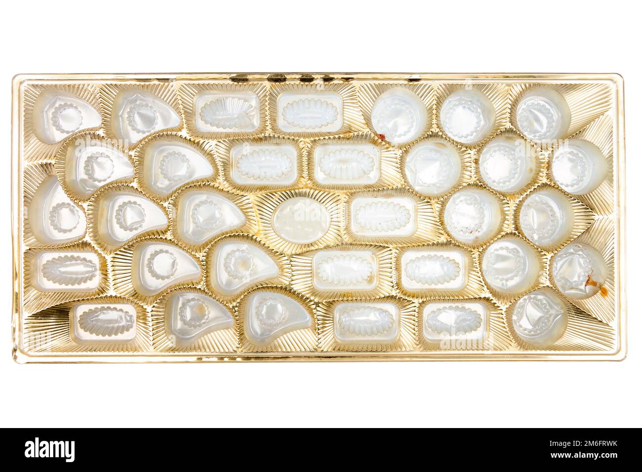 Empty box of chocolate candies isolated on white, top view Stock Photo ...