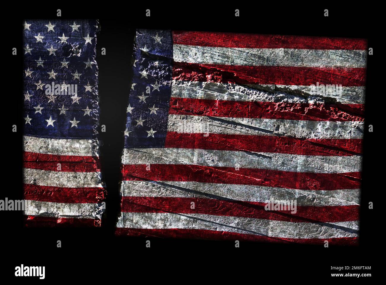 Distressed US flag split in two representing American political ...