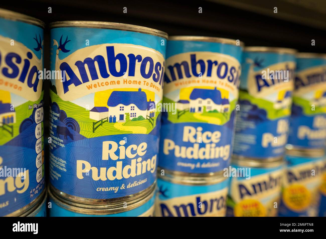 Surrey UK- December 2022: Ambrosia Rice Pudding cans on supermarket ...