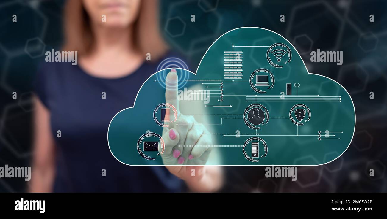 Woman touching a digital technology concept on a touch screen with her ...