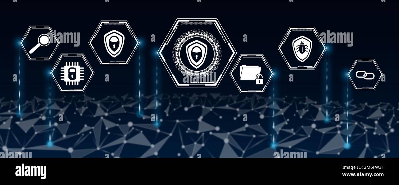 Concept of cybersecurity with icons in hexagons connected to abstract ...