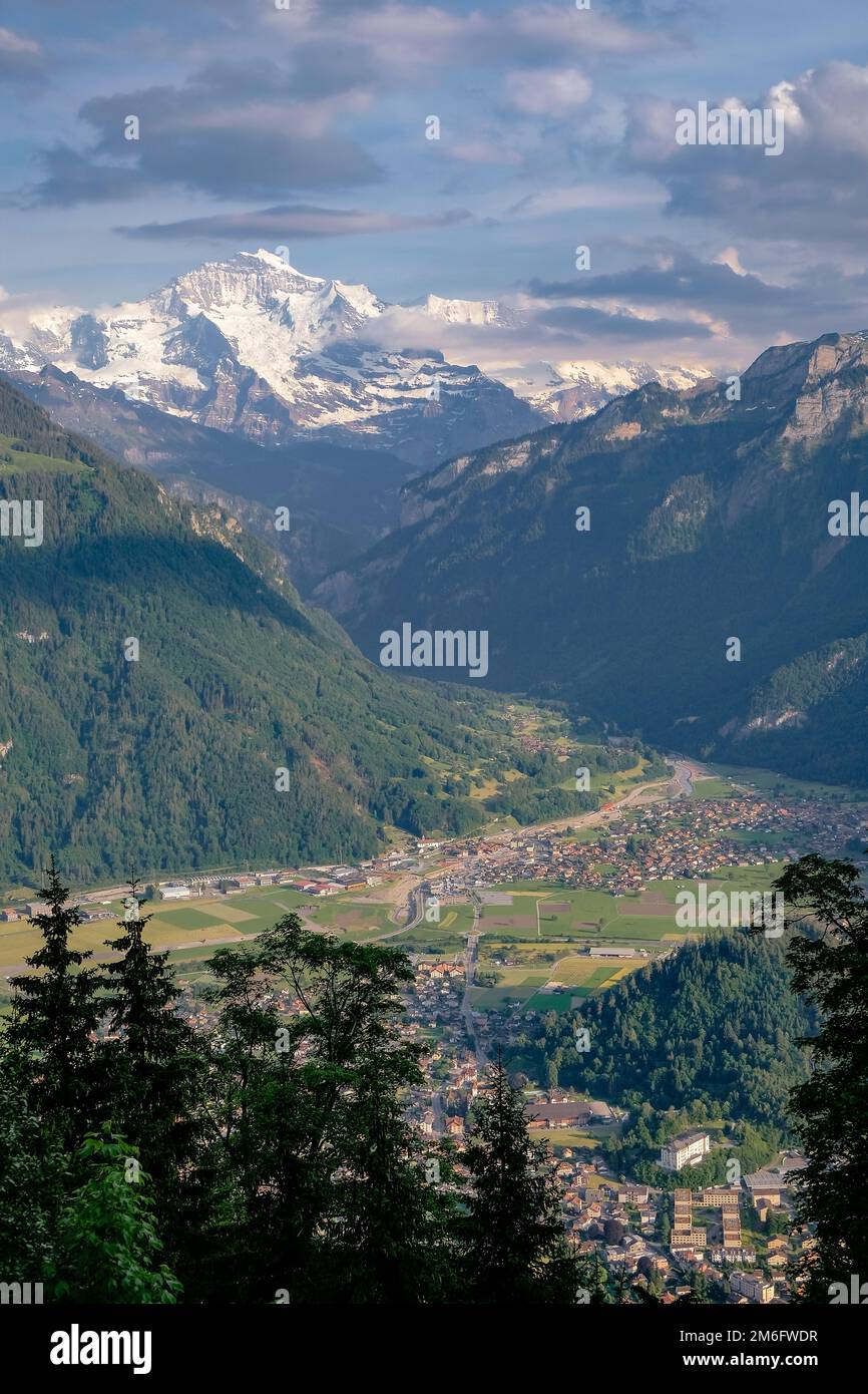 Aerial view of Interlaken and Swiss Alps from Harder Kulm View point ...