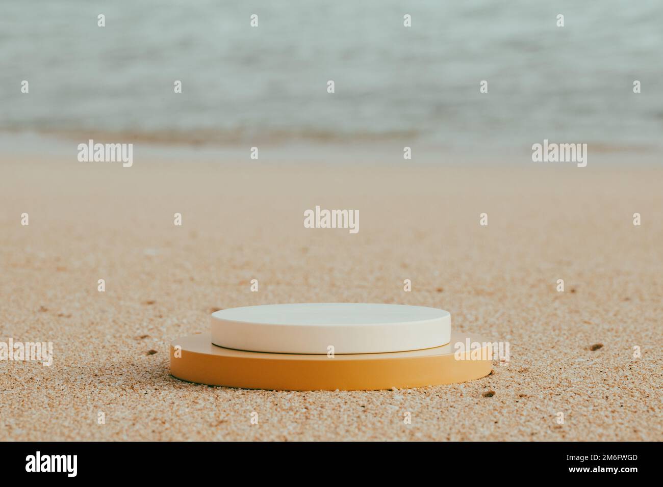 Empty round beige platform podium on the beach Stock Photo - Alamy