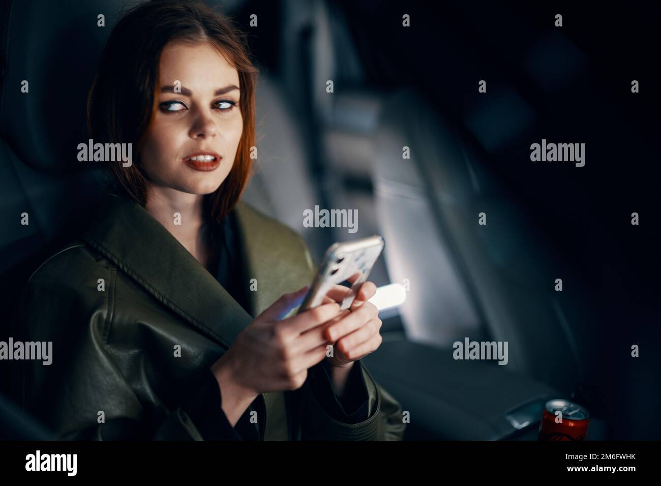 a close horizontal portrait of a stylish, luxurious woman in a leather ...