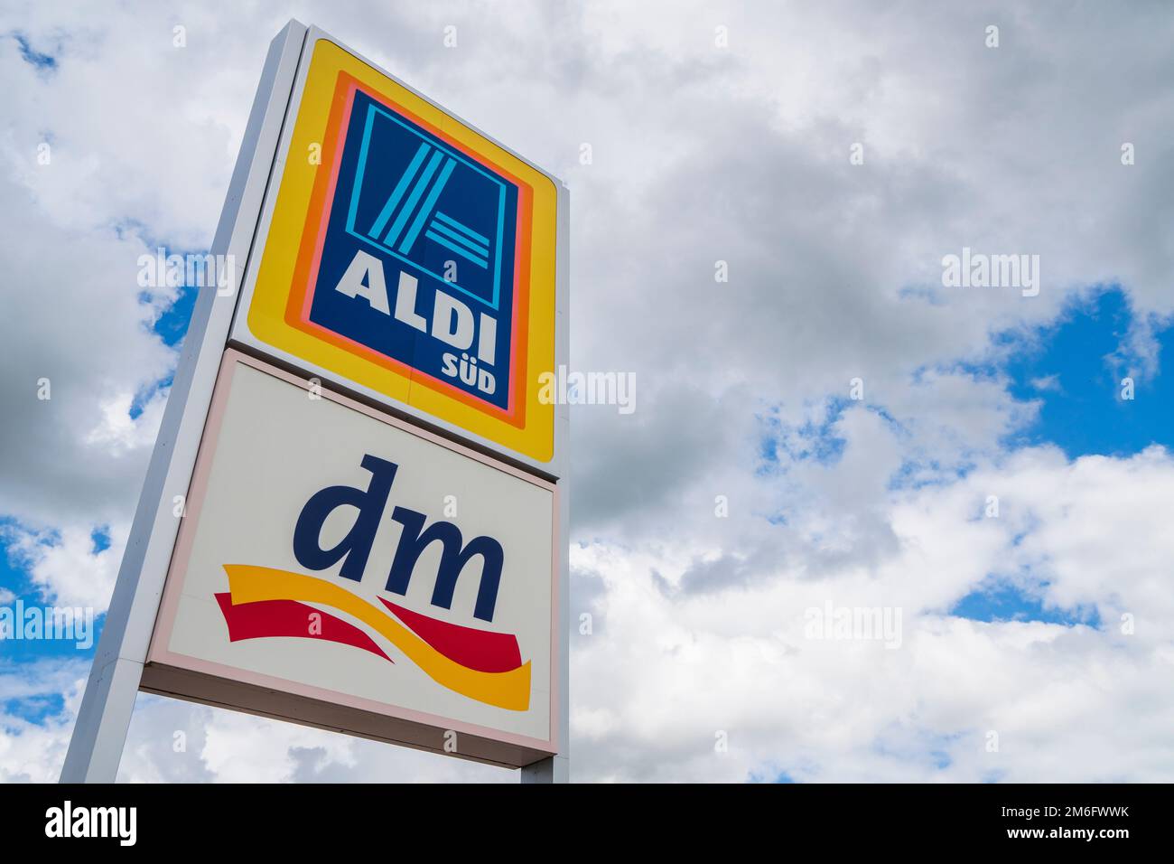 Company sign of the dm-market and Aldi-SÃ¼d in SchwabmÃ¼nchen Stock ...