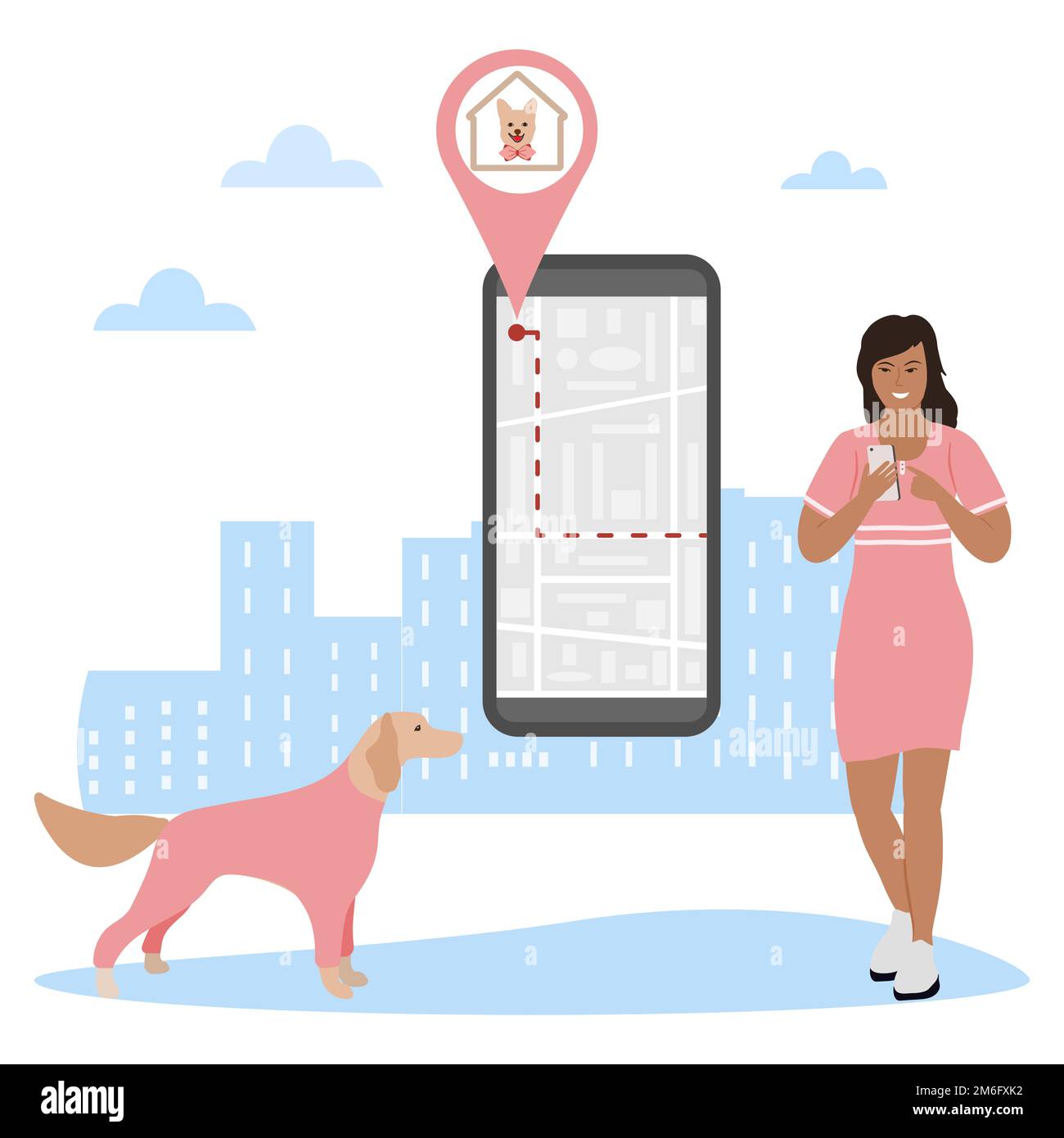 Vector illustration Woman uses application on cell phone for search the ...