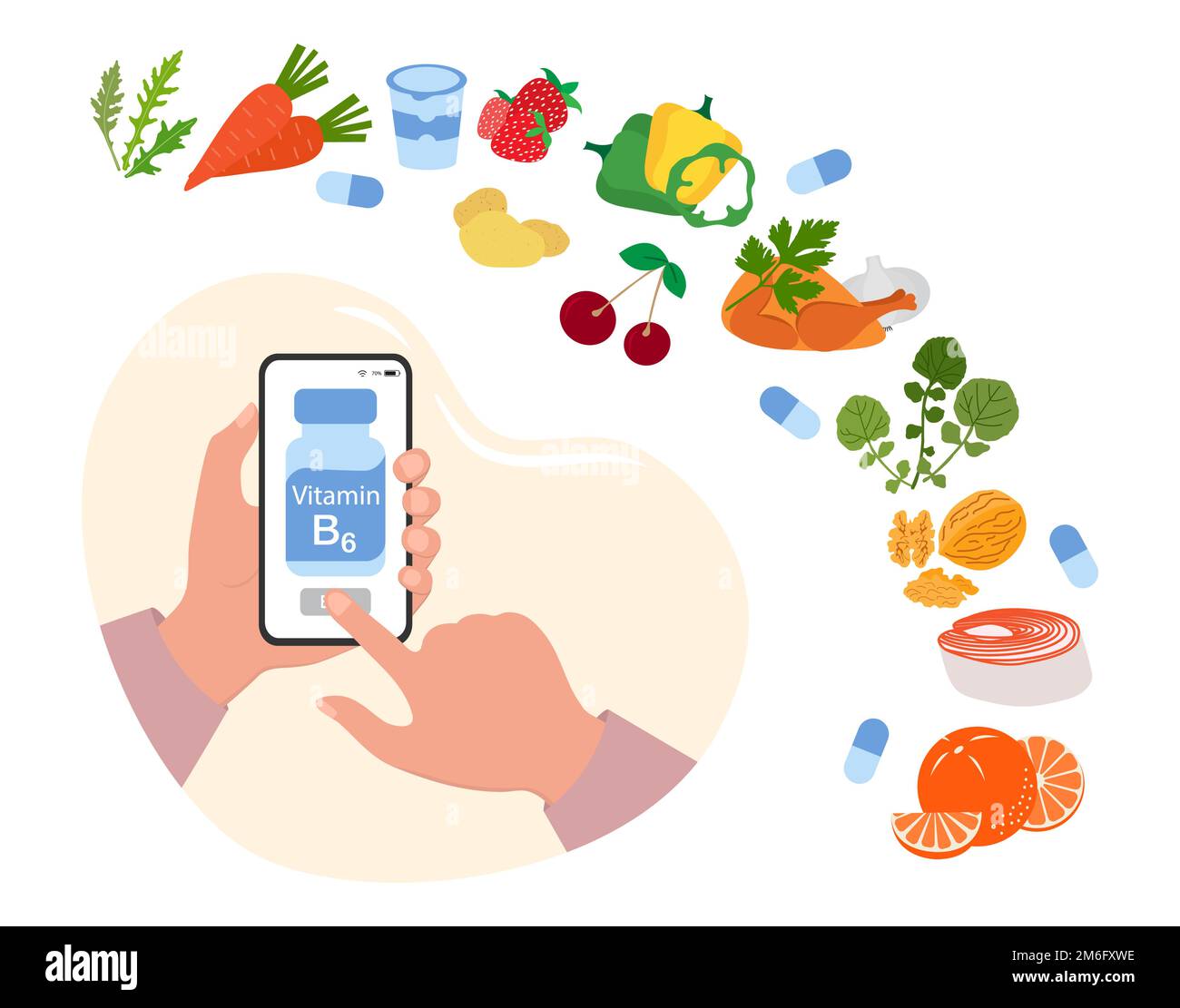 Vector illustration Hands holds cell phone with supplement pills ...