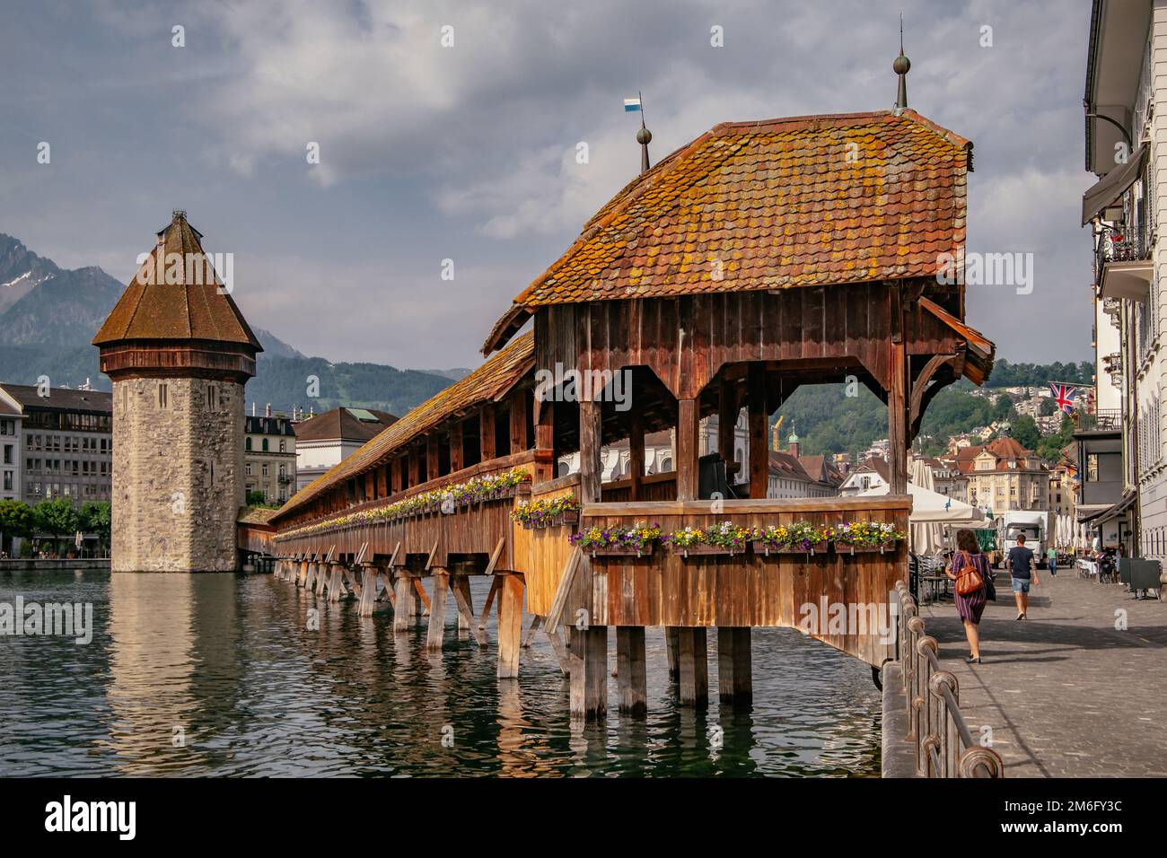 Panoramic view of city center of Lucerne with famous Chapel Bridge and ...