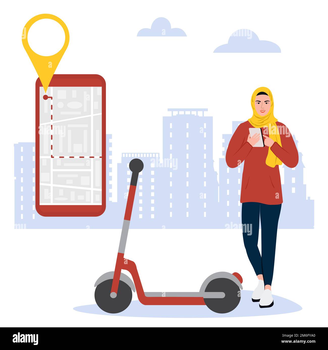 Vector Illustration Muslim Female Uses Application On Cell Phone For
