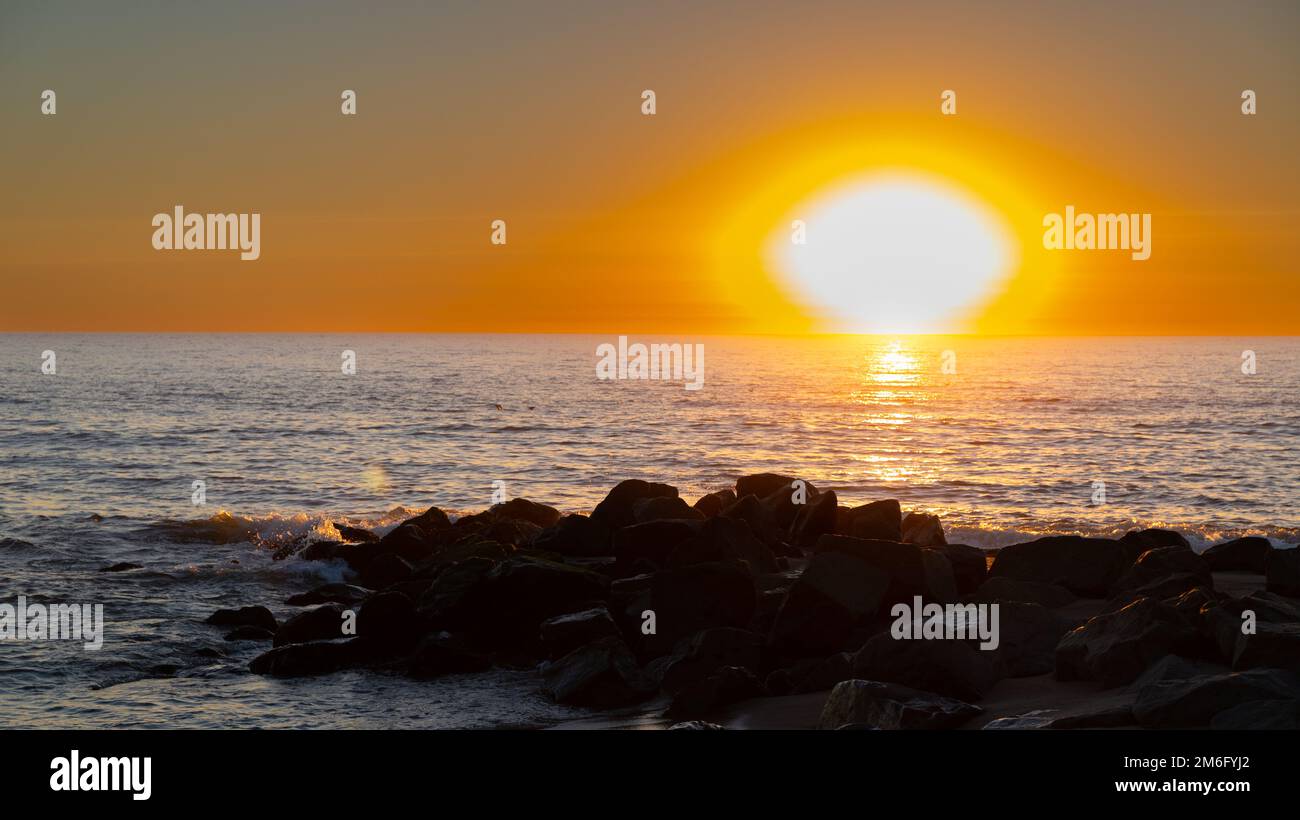 Sunset on the beach, Horizon by the sea, Rocks and birds. High quality ...