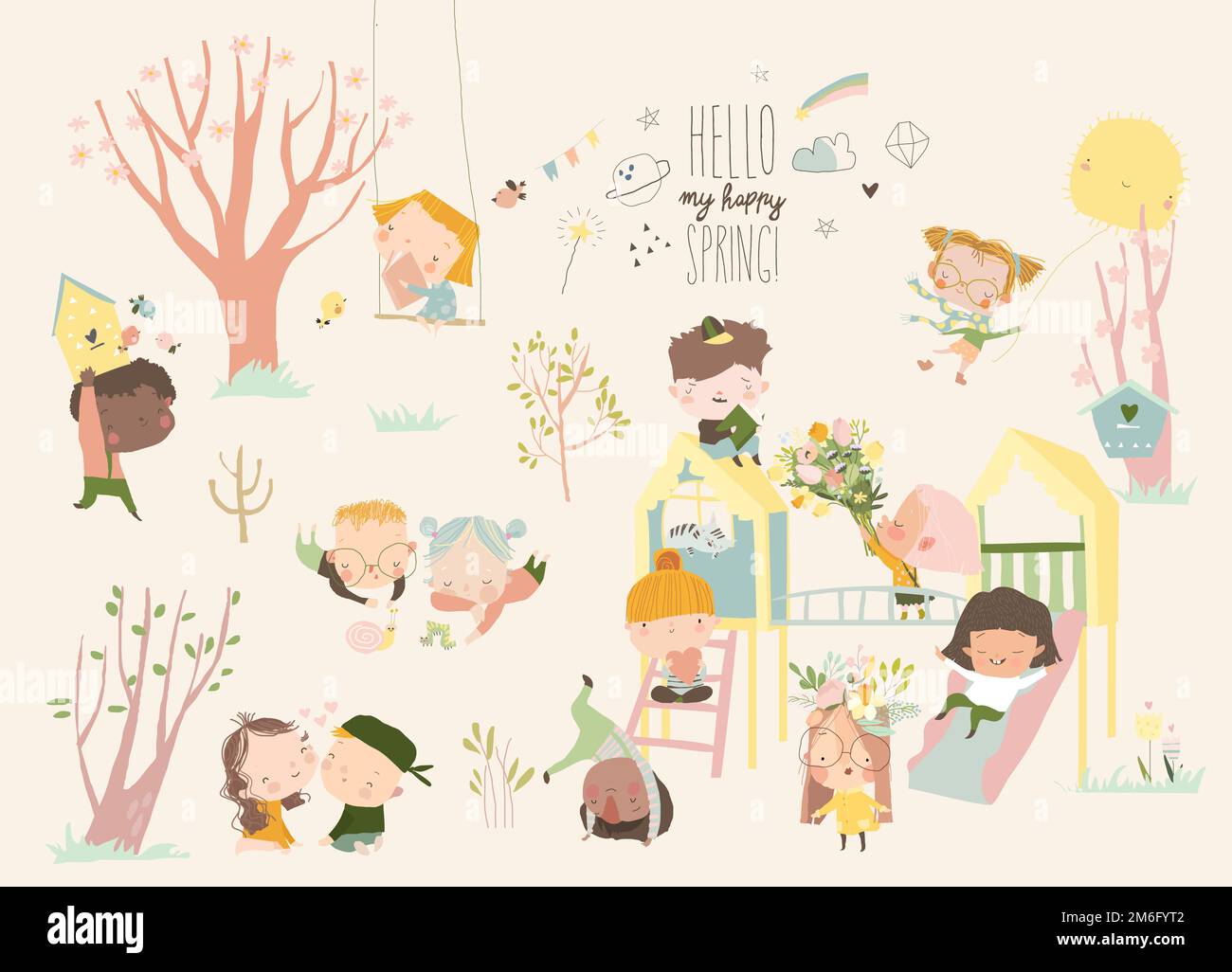 Cute Cartoon Kids enjoying on Playground in Spring Park Stock Vector ...