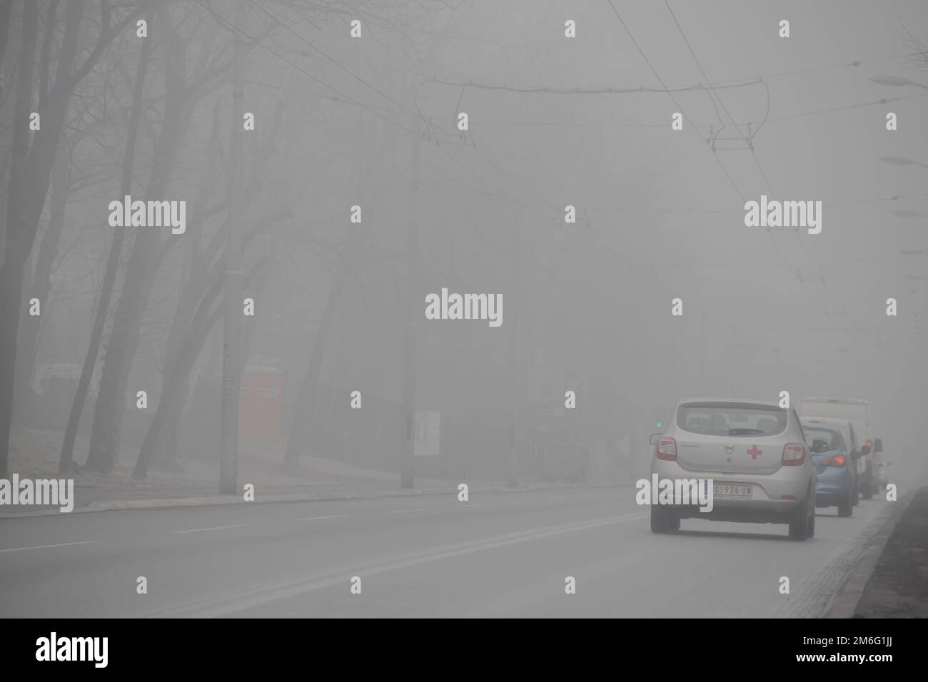 Visible air pollution at the streets of Belgrade, hazy foggy and ...