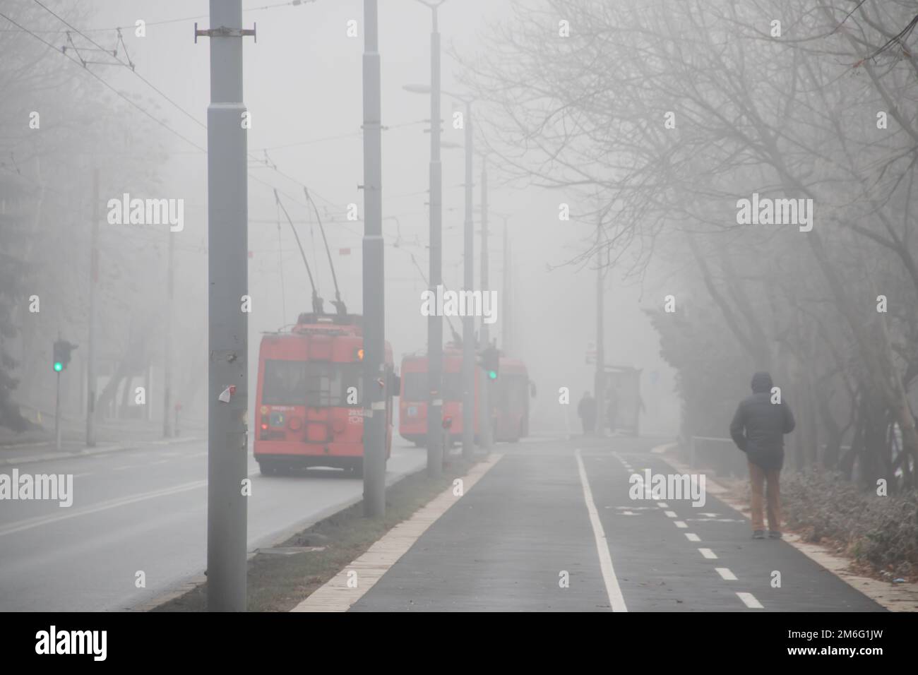 Visible air pollution at the streets of Belgrade, hazy foggy and ...
