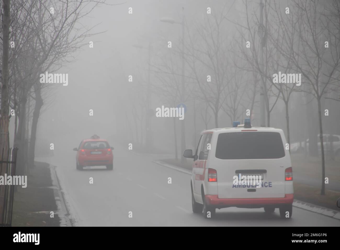 Visible air pollution at the streets of Belgrade, hazy foggy and ...