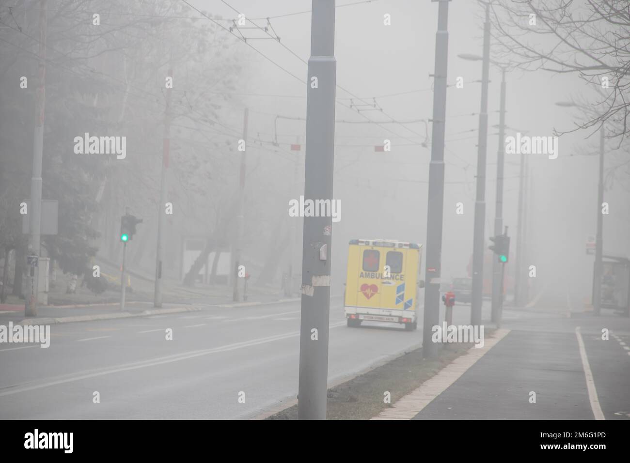 Visible air pollution at the streets of Belgrade, hazy foggy and ...