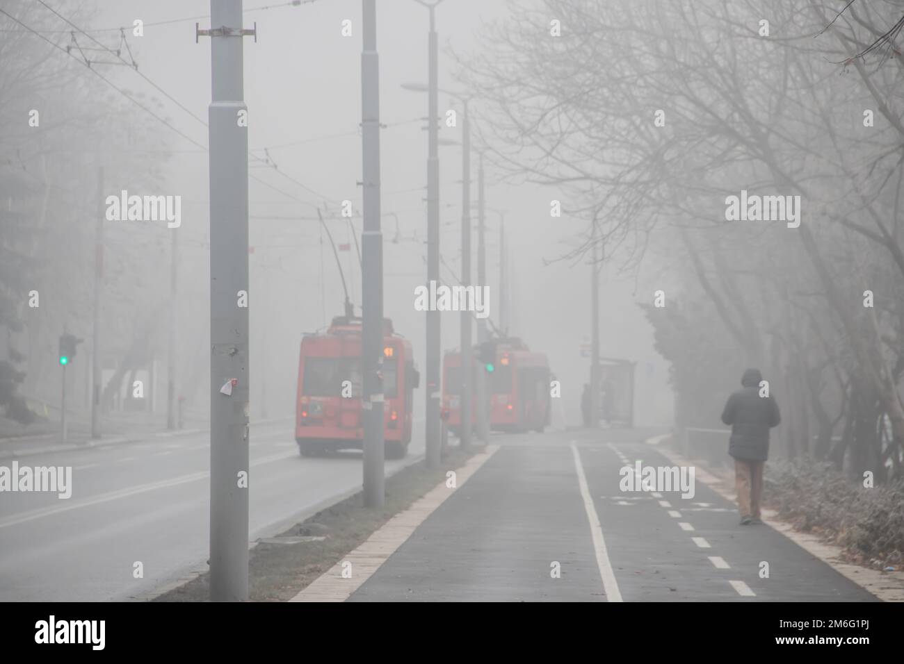 Visible air pollution at the streets of Belgrade, hazy foggy and ...