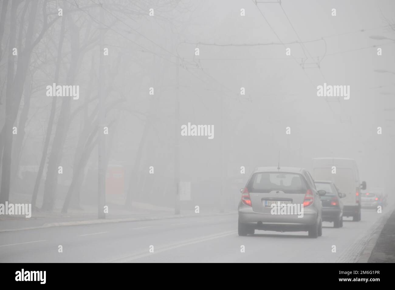 Visible air pollution at the streets of Belgrade, hazy foggy and ...