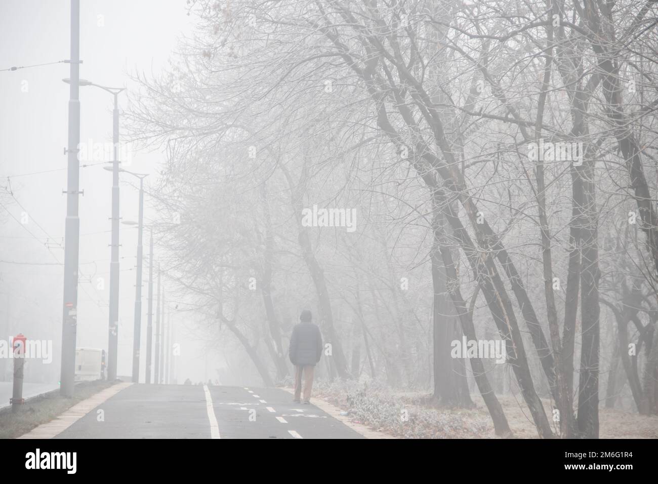 Visible air pollution at the streets of Belgrade, hazy foggy and ...