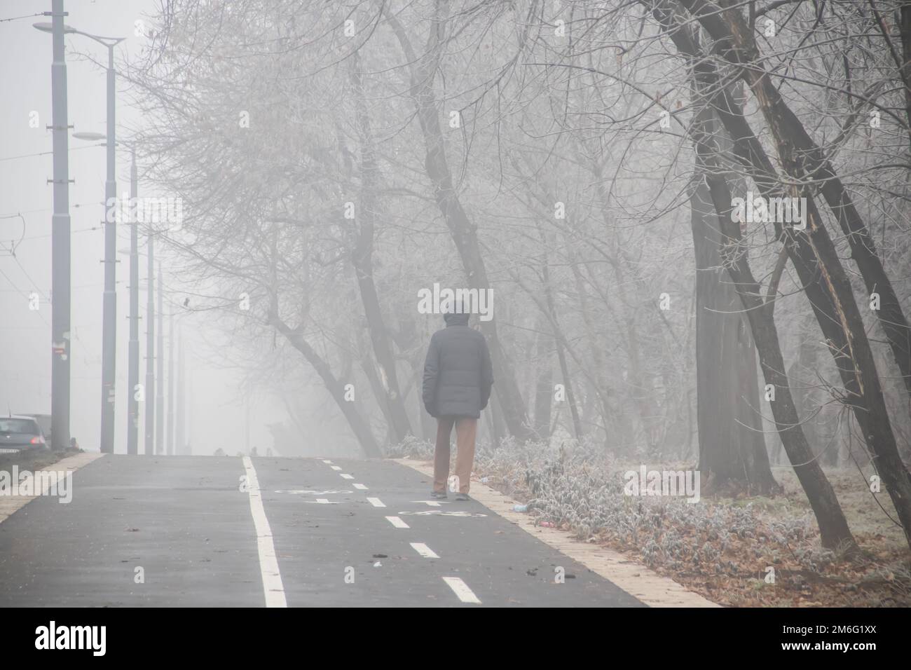 Visible air pollution at the streets of Belgrade, hazy foggy and ...
