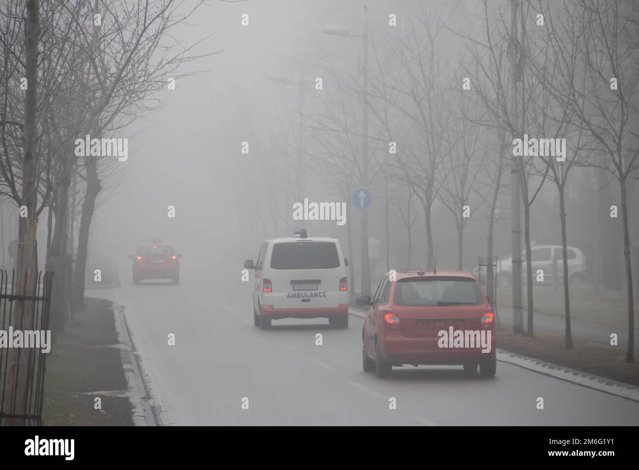 Visible air pollution at the streets of Belgrade, hazy foggy and ...