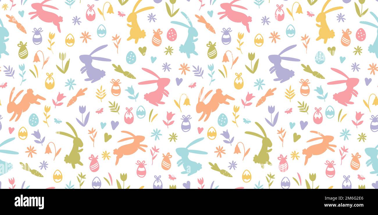 Cute hand drawn Easter seamless pattern with bunnies, flowers, easter ...