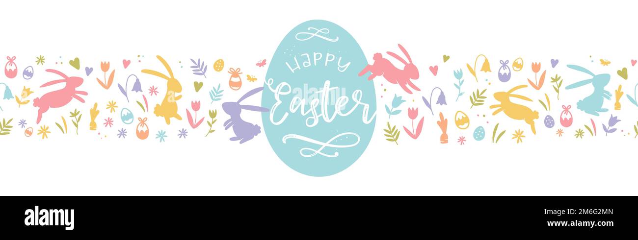 Cute hand drawn Easter horizontal seamless pattern with bunnies ...