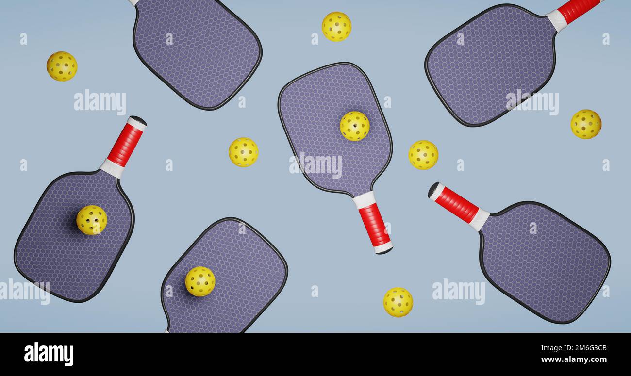 Many pickleball rackets with plastic balls on a blue background. Sports ...