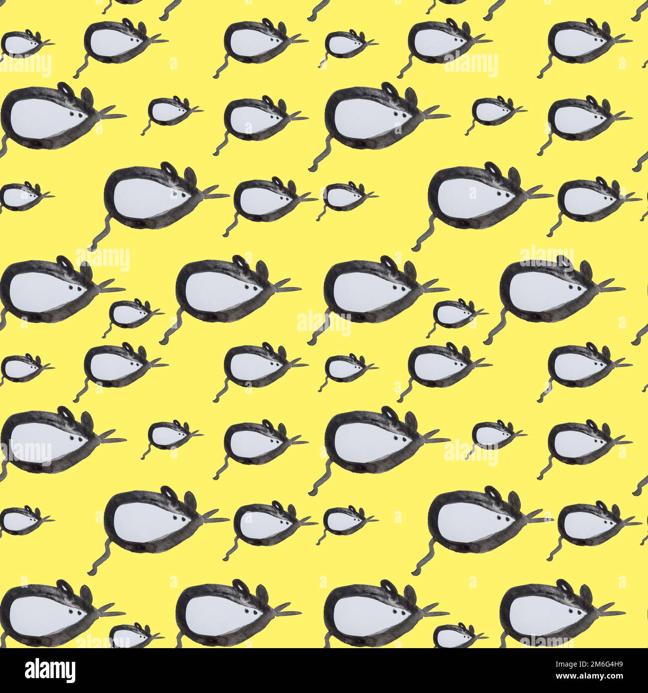 Seamless watercolor drawing of cute black mice of different sizes on a ...