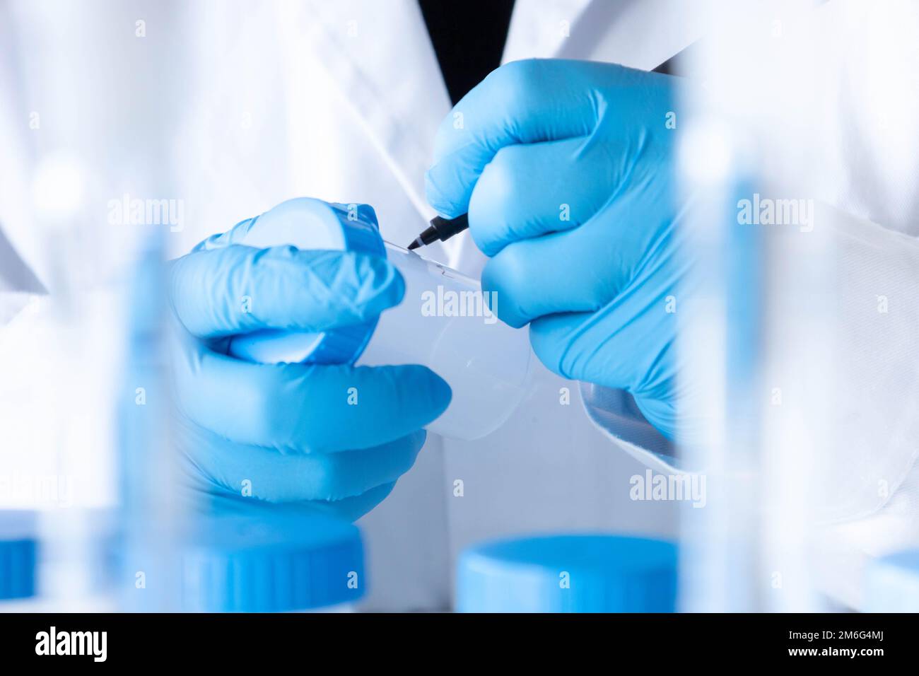 Close-up left handed woman scientist labeling samples with blue gloves ...