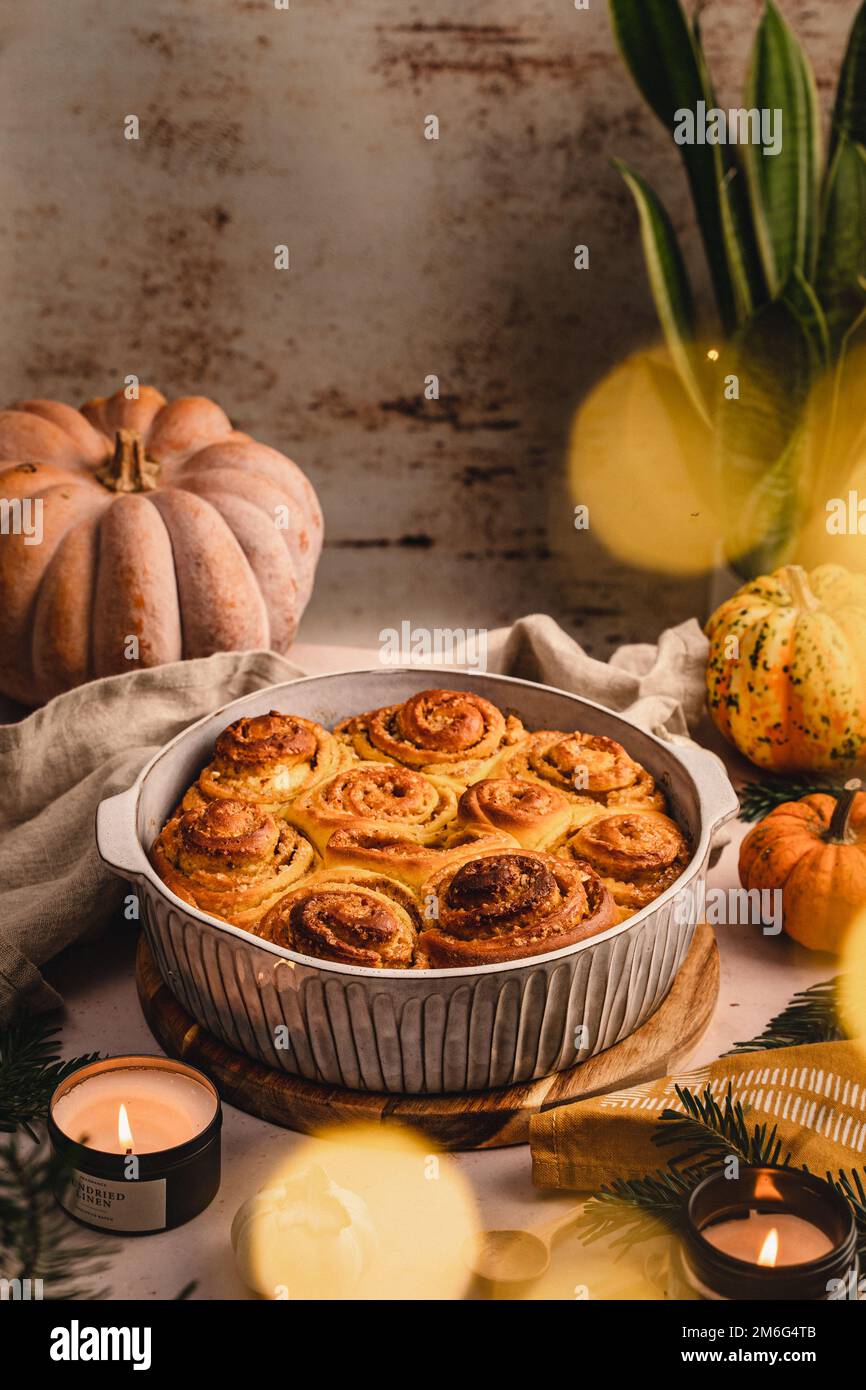 Cinnamon pumpkin dough bun rolls spicy homemade traditional Danish ...