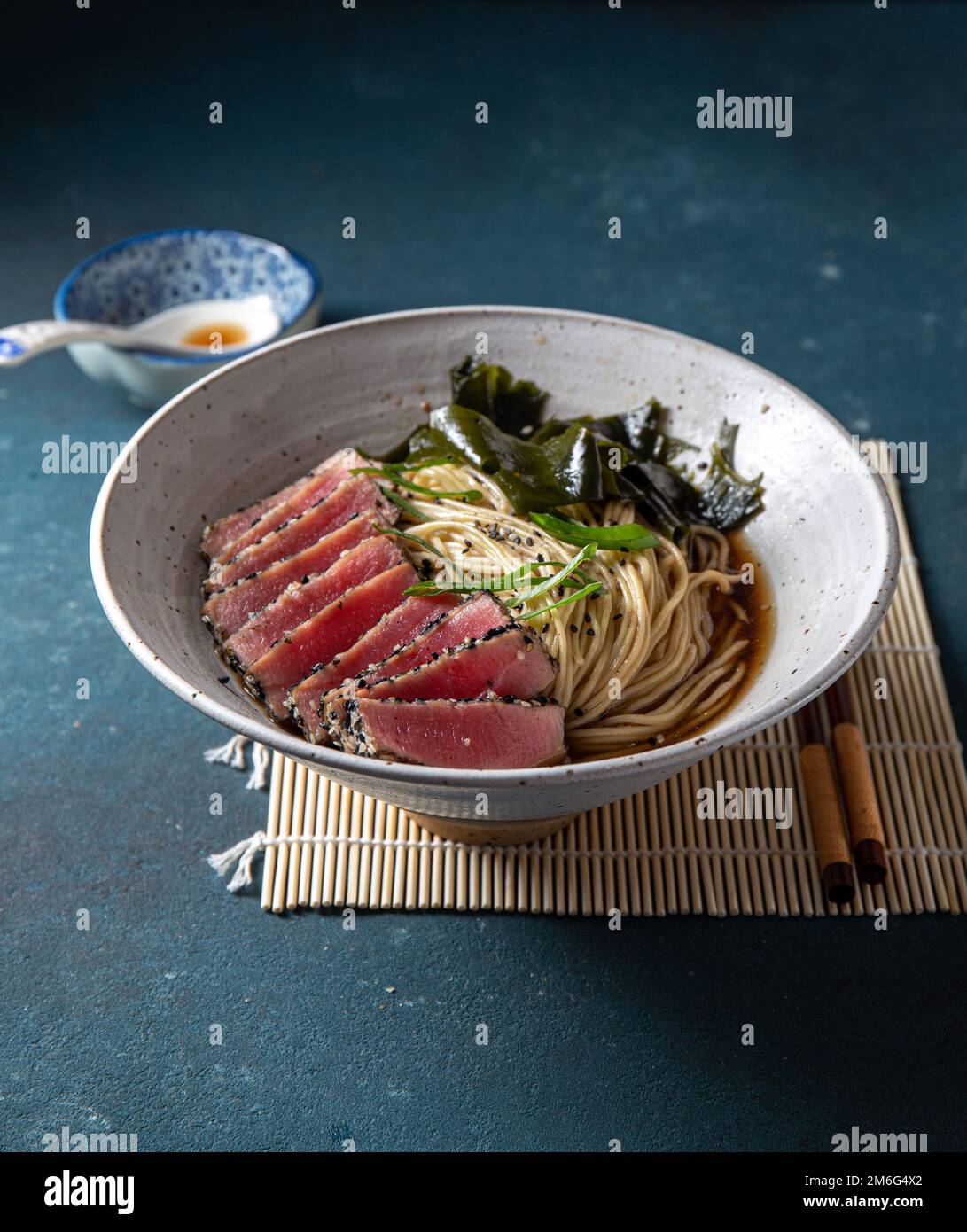 Tuna steak ramen. Japanese soup with noodles ramen, miso, fried tuna ...
