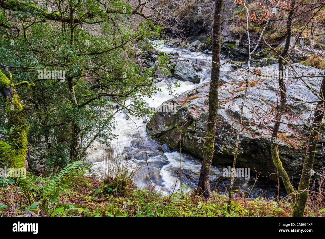 Winter view of River Falloch downstream of the main Falls of Falloch in ...