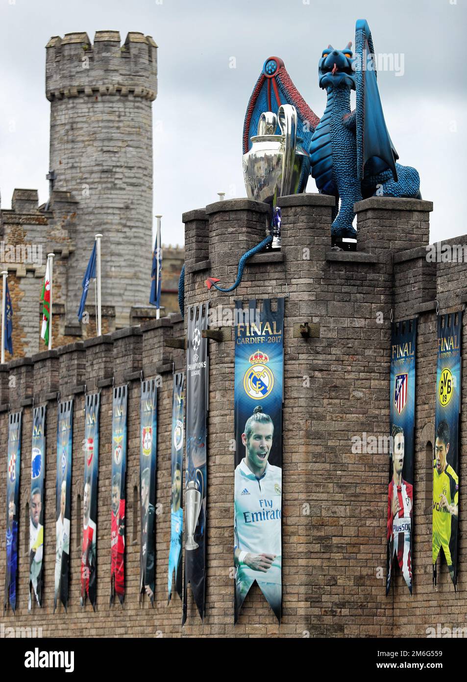 Gareth Bale of Real Madrid features on Cardiff Castle with a UEFA ...