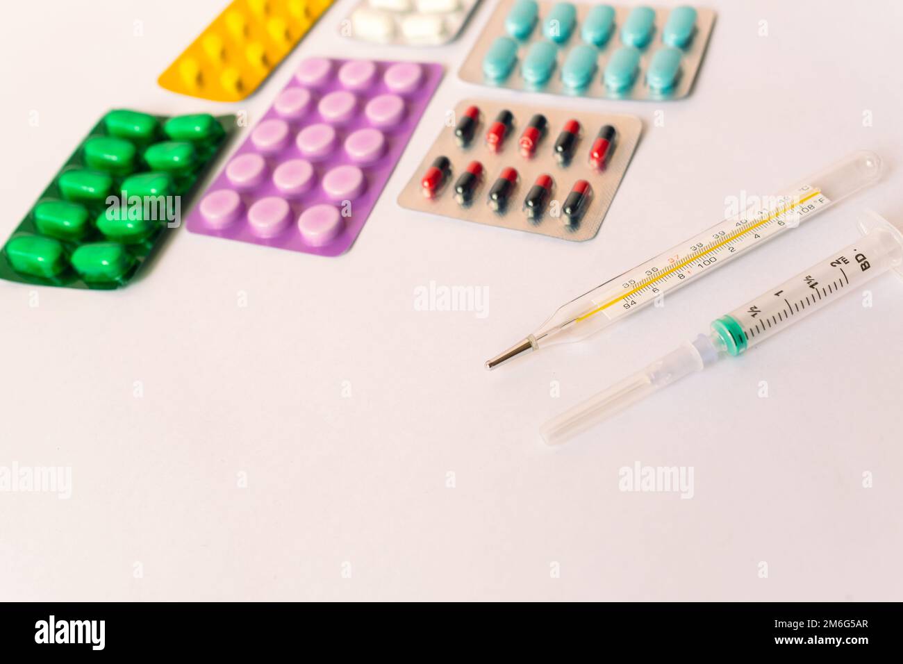 Various medical equipment, thermometer, ampoules, pipette, drugs ...