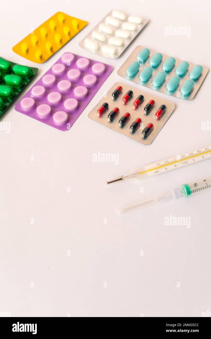 Various medical equipment, thermometer, ampoules, pipette, drugs ...