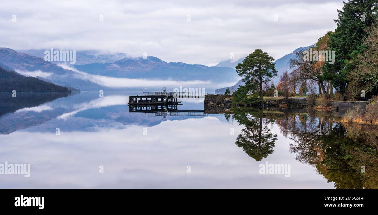 Panoramic view of old pier at Rowardennan on the eastern shore of Loch ...