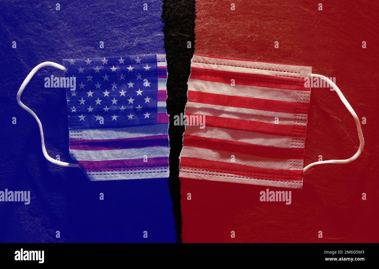 Ripped American flag facemask split into red and blue representing ...