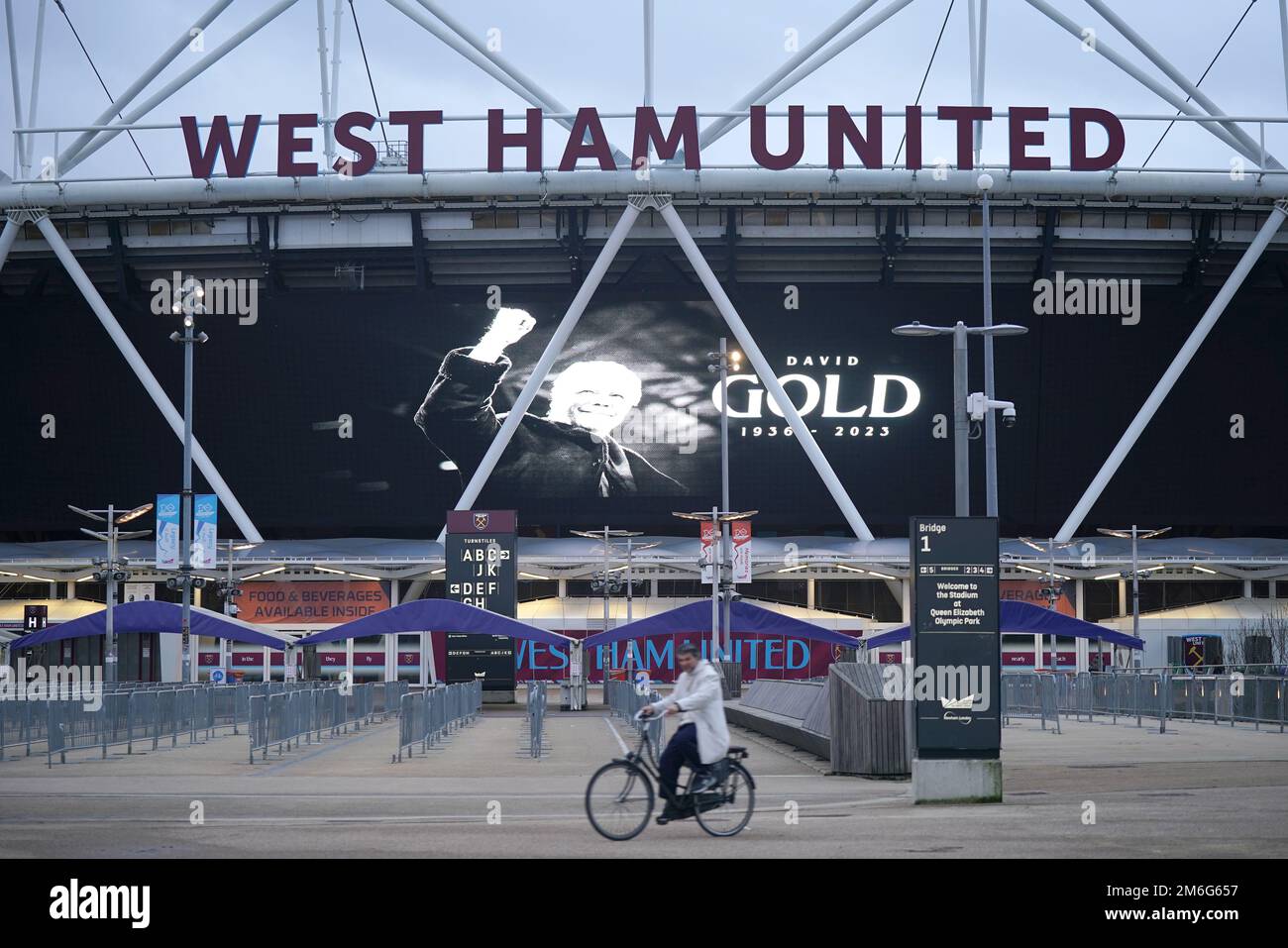 A tribute to David Gold on display on a TV screen at the London Stadium ...