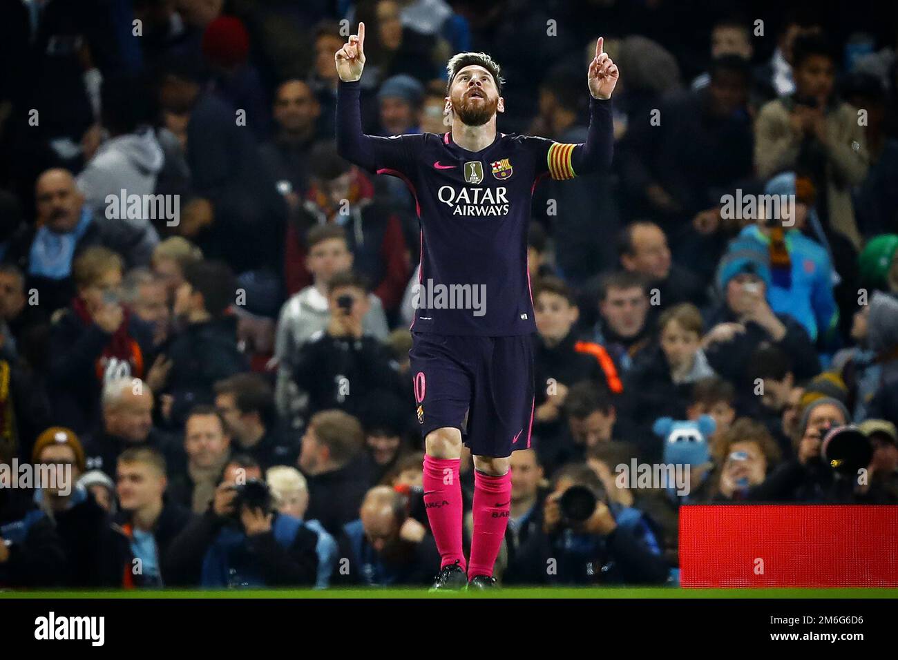 Lionel Messi of Barcelona celebrates after scoring the opening goal ...
