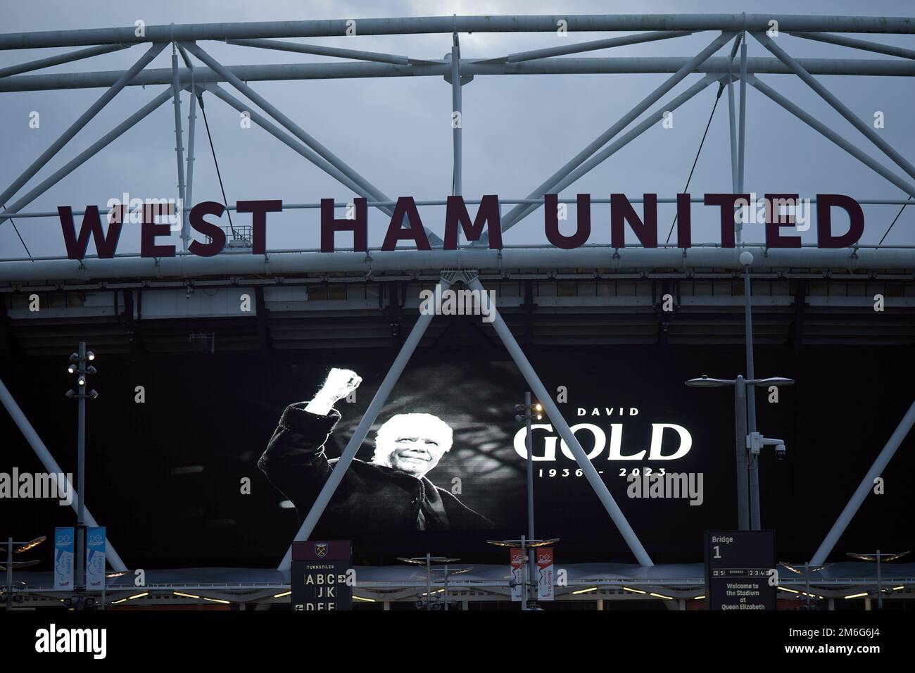 A tribute to David Gold on display on a TV screen at the London Stadium ...