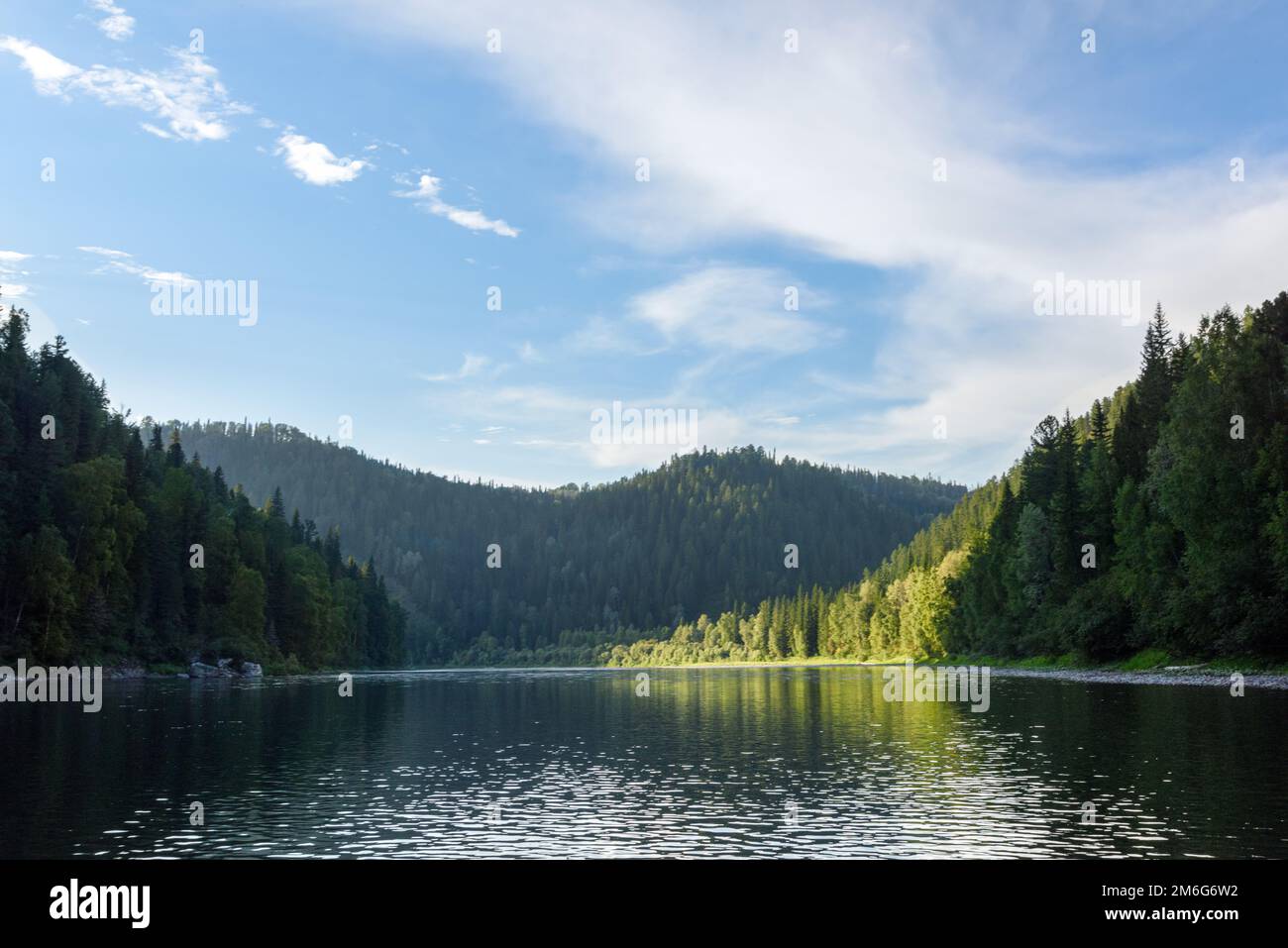Daytime landscape with river, forest and mountains Stock Photo - Alamy