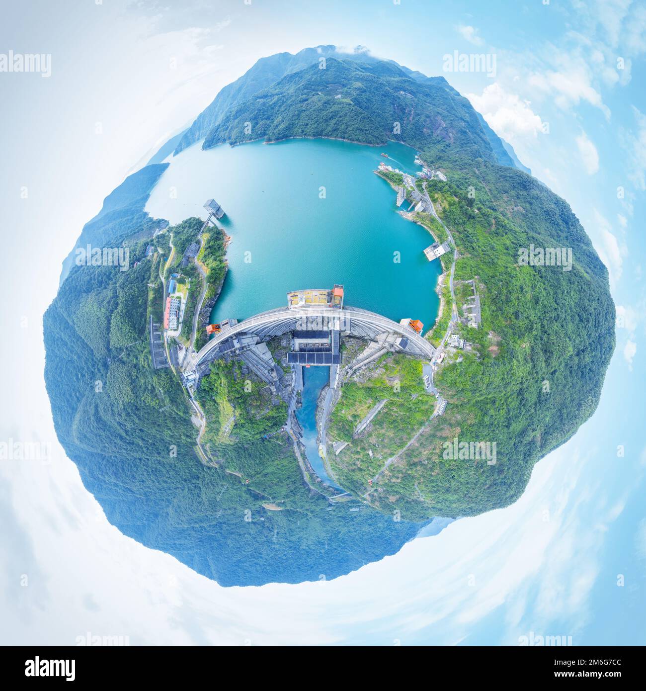 Little planet image of small hydroelectric station Stock Photo - Alamy
