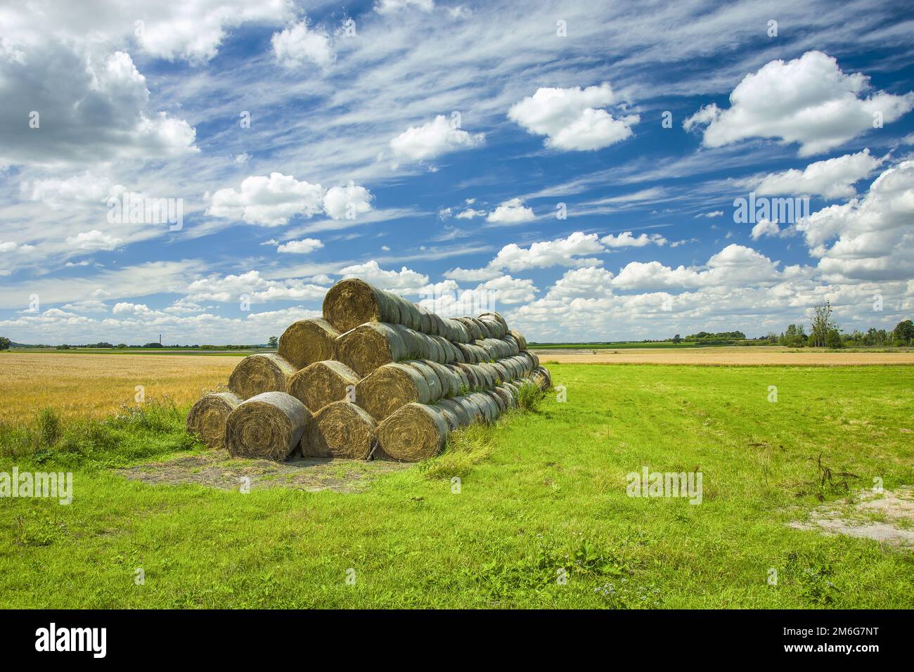 Stacked hay bales in the meadow and clouds in the sky Stock Photo - Alamy