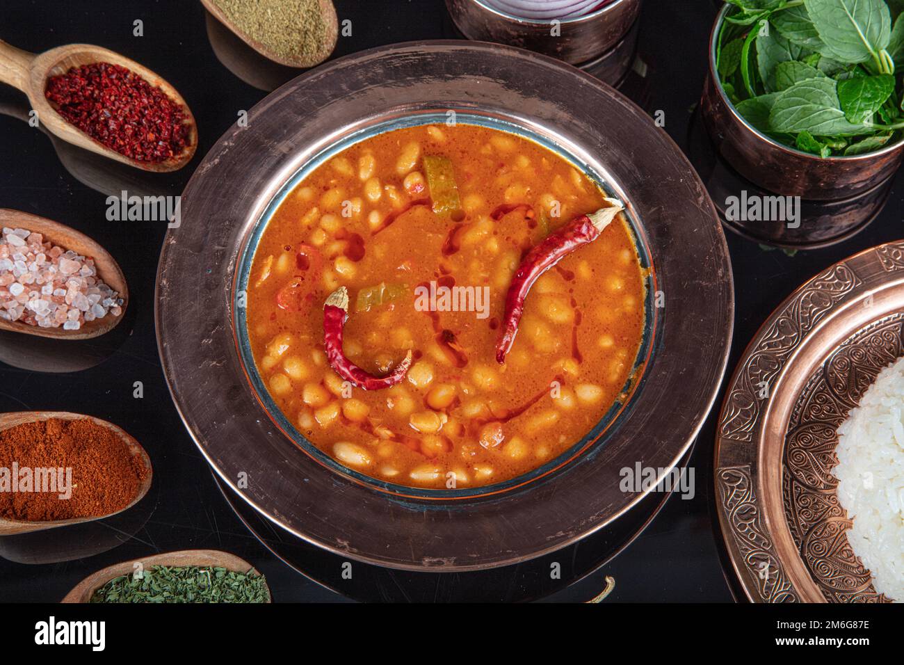 Turkish food on the table Baked bean pilaf (dark blue beans and rice ...
