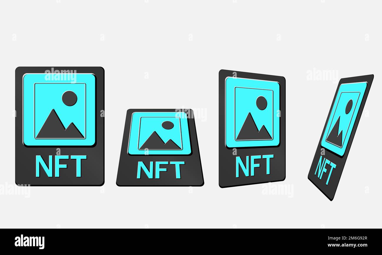 3D token NFT cards in crypto artwork. NFT card with art in perspective, top view in isometric ...