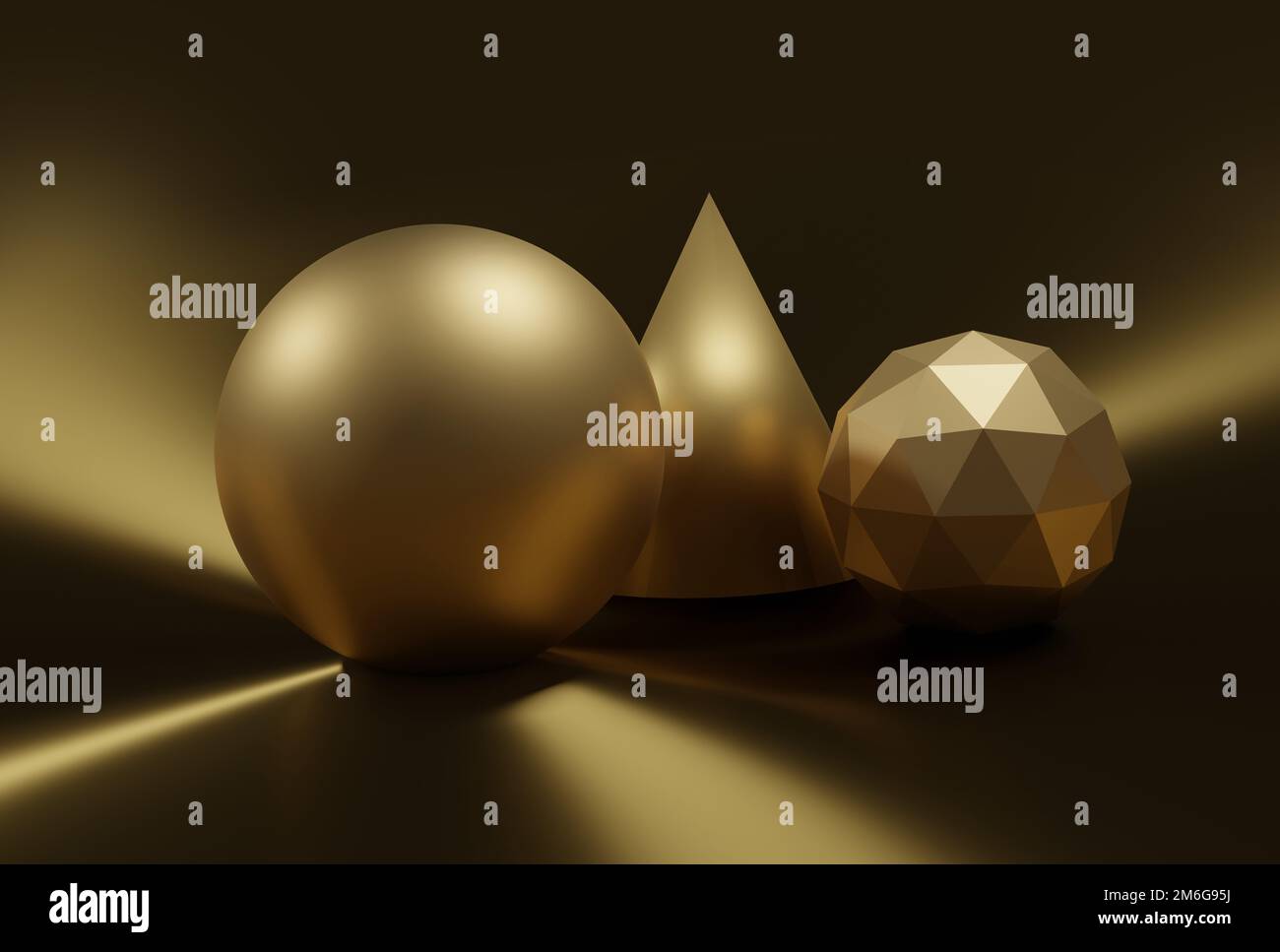 Abstract 3D Geometric Shapes in Gold Sphere, Cone and ico sphere Stock ...