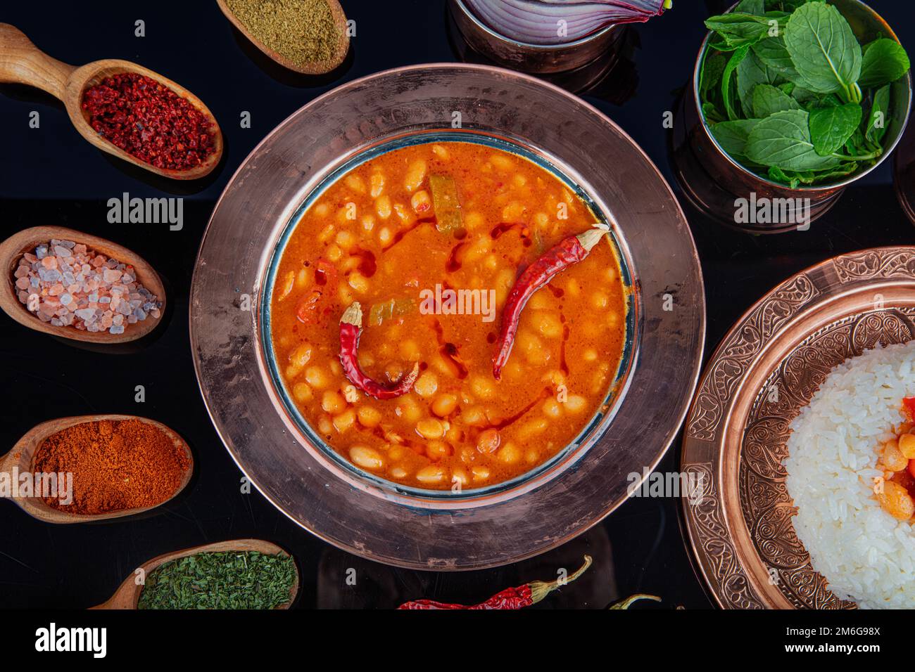 Turkish food on the table Baked bean pilaf (dark blue beans and rice ...